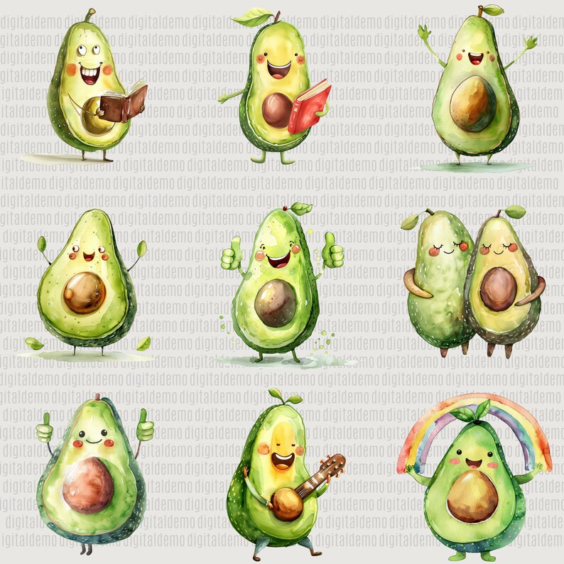 50 Watercolor Happy Avocado Clipart PNG Bundle - - Personal and ...