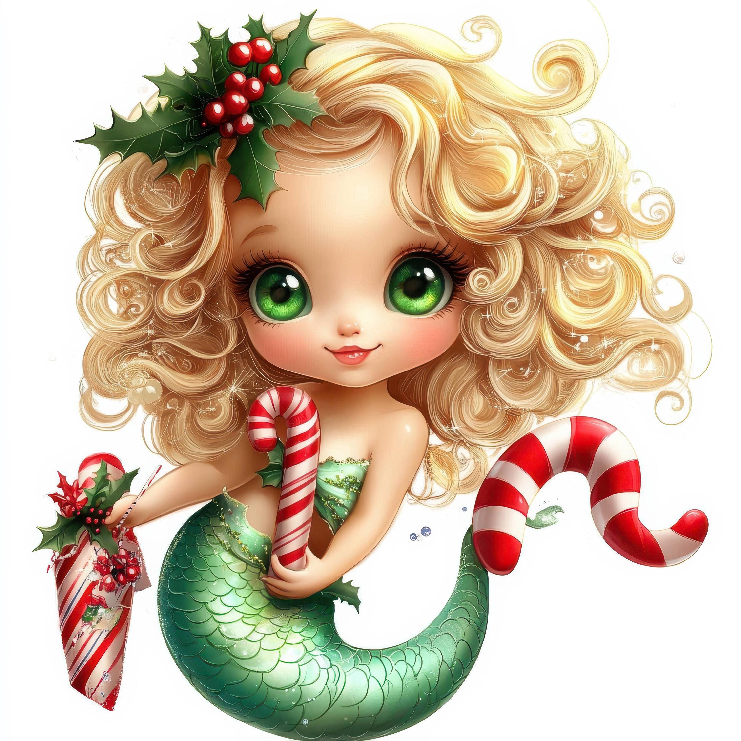 24 Christmas Mermaid Clipart | Festive Watercolor Mermaids | Holiday ...