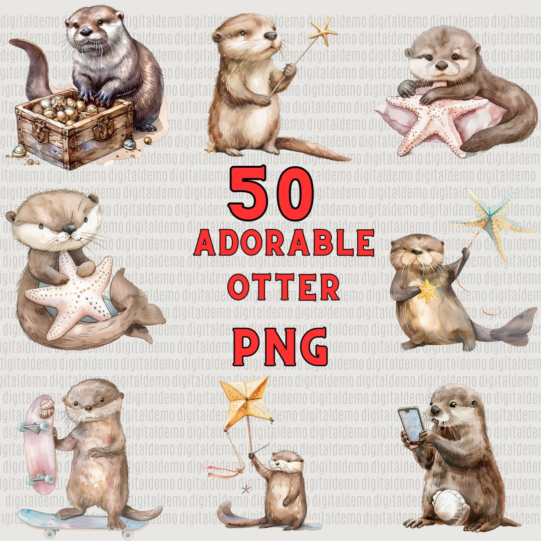 50 Watercolor Adorable Otter Clipart PNG Bundle - - Personal and ...