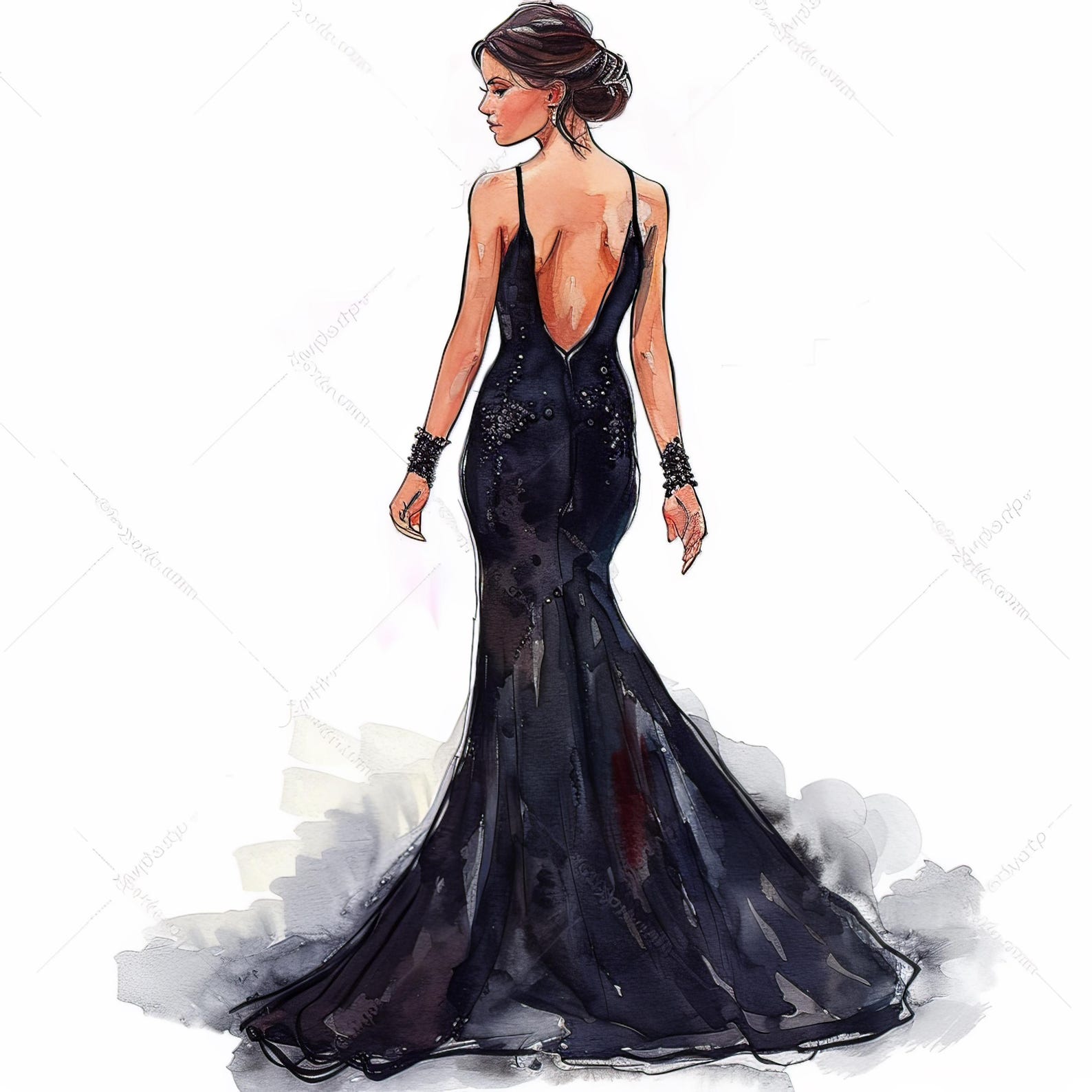Glam Girl in Black Dress Clipart 50 High Res Watercolor Png Junk ...