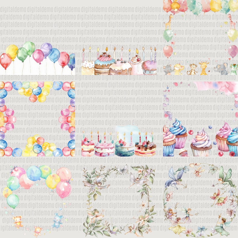 50 Watercolor Birthday Party Borders and Frames Clipart PNG Bundle ...