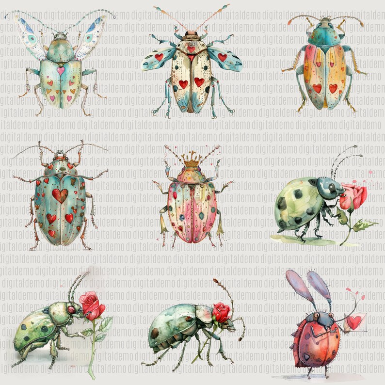50 Watercolor Cute Love Bug Clipart PNG Bundle - - Personal and ...
