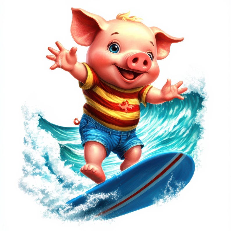 21 Piggy Surfing Clipart | Adorable Pig on a Surfboard for Summer Beach ...