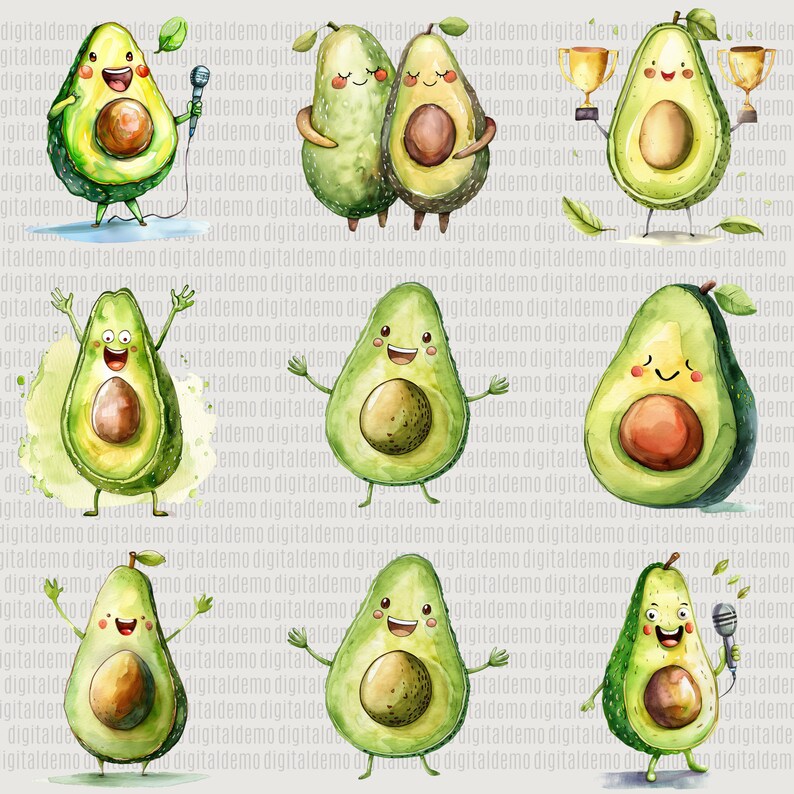 50 Watercolor Happy Avocado Clipart PNG Bundle - - Personal and ...