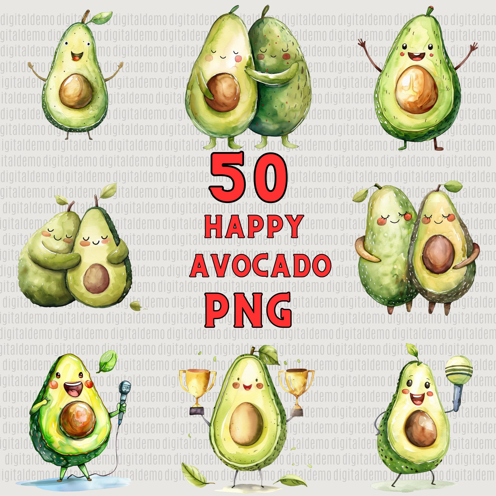 50 Watercolor Happy Avocado Clipart PNG Bundle - - Personal and ...