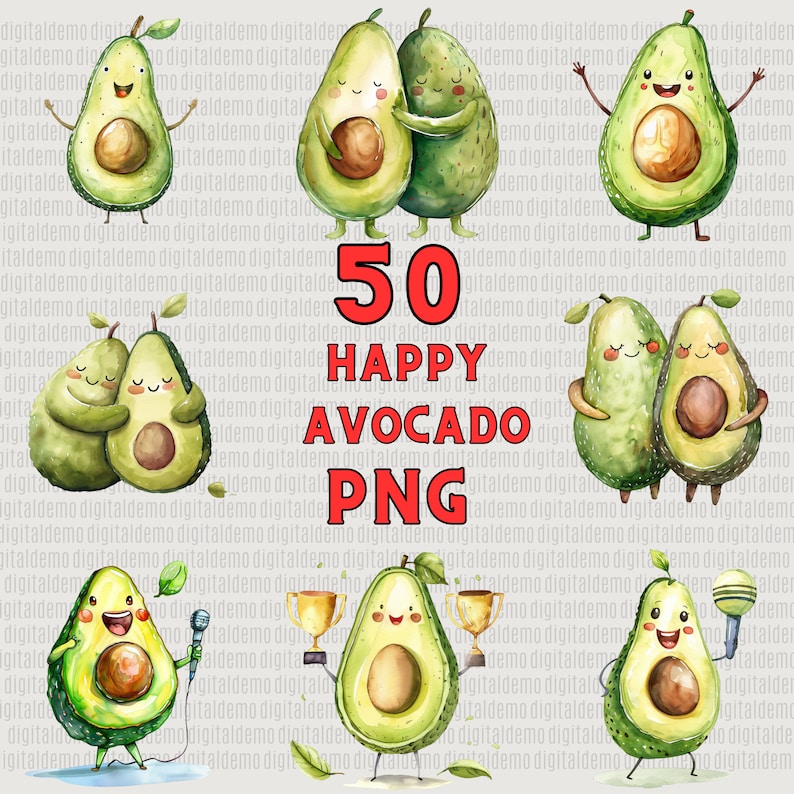 50 Watercolor Happy Avocado Clipart PNG Bundle - - Personal and ...