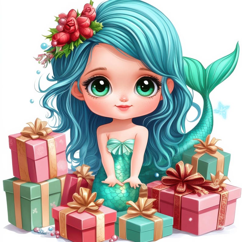 24 Christmas Mermaid Clipart | Festive Watercolor Mermaids | Holiday ...