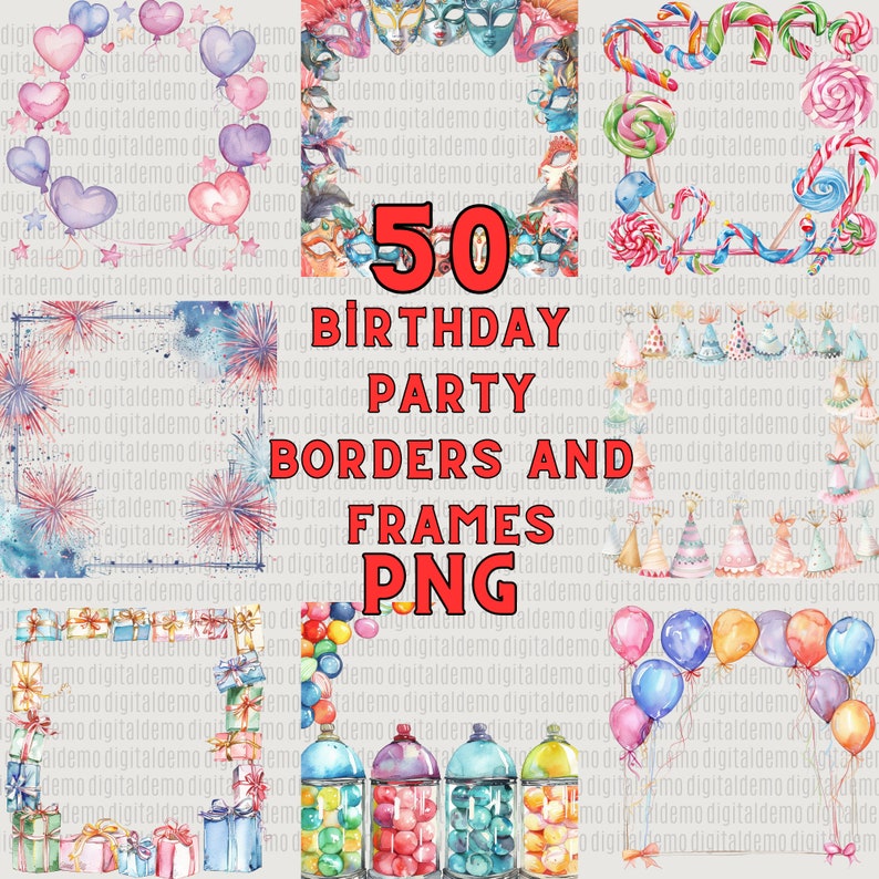 50 Watercolor Birthday Party Borders and Frames Clipart PNG Bundle ...