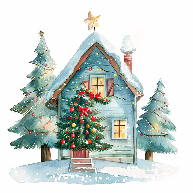 50 Watercolor Christmas House Clipart PNG Bundle - - Personal and ...