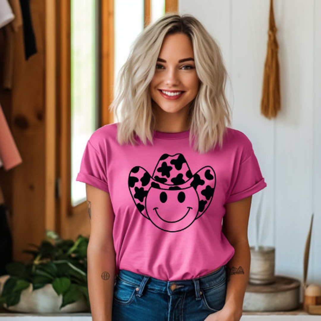 Pink Cowboy Smiley Face With Cow Print Cowboy Hat - Etsy