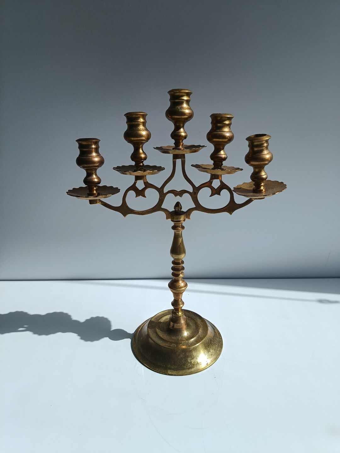 Vintage Large Brass Candle Holder/ 5-armed Candlestick Holder/ Antique ...
