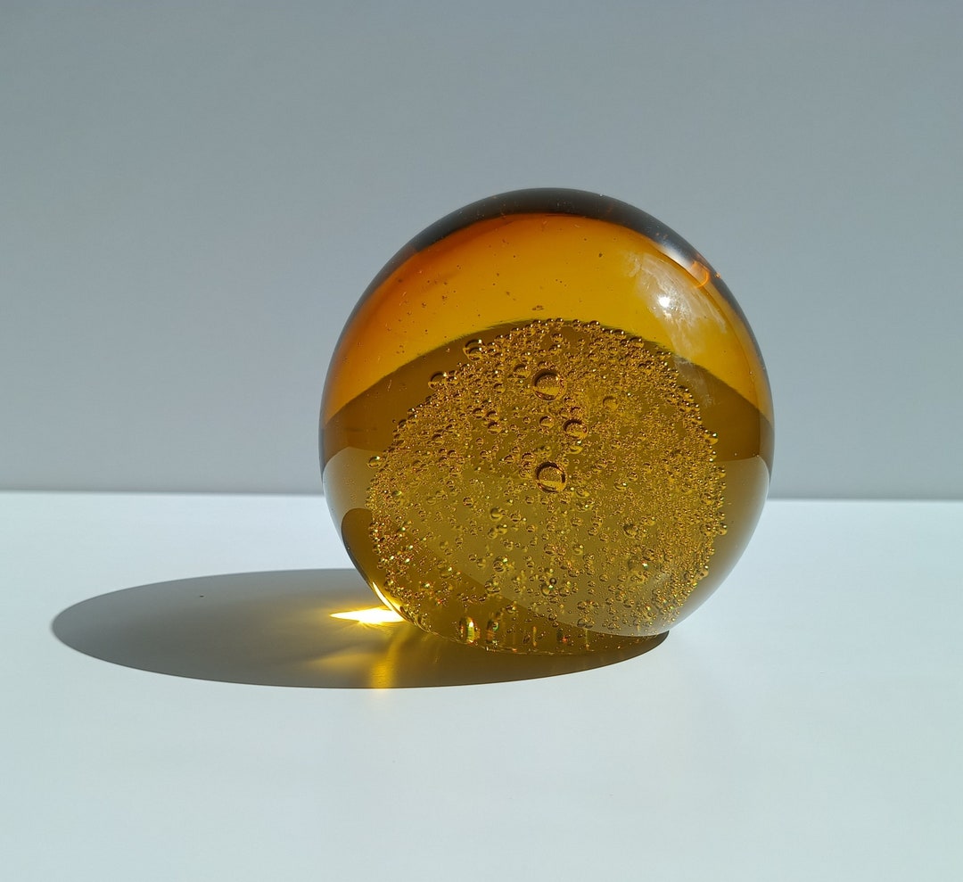 Mid Century Controlled Bubble Art Glass Paperweight/ Vintage Amber ...