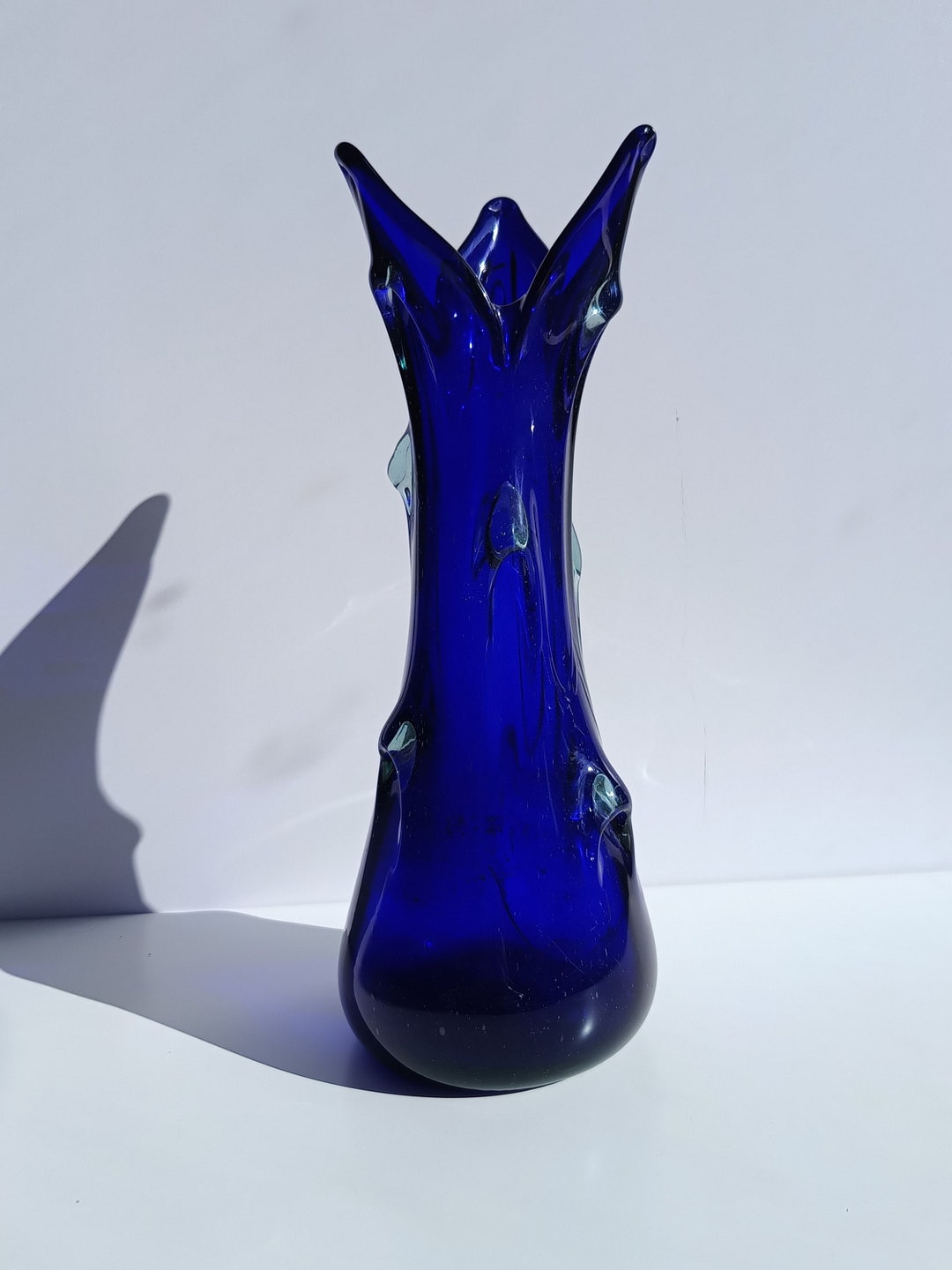 XL Vintage Glass Vase/ Mouth Blown Glass Vase/ Retro Blue Glass Vase ...