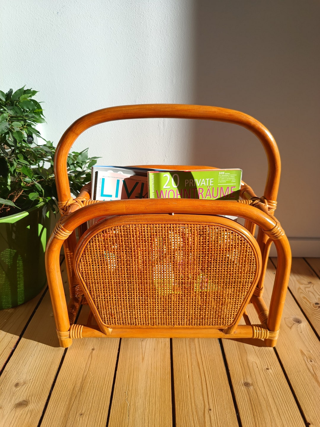 Vintage Basket Magazine Rack/ Mid Century/ Ratan Newspaper Rack/ Boho ...