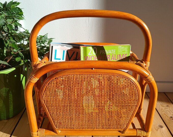 Vintage Basket Magazine Rack/ Mid Century/ Ratan Newspaper Rack/ Boho ...