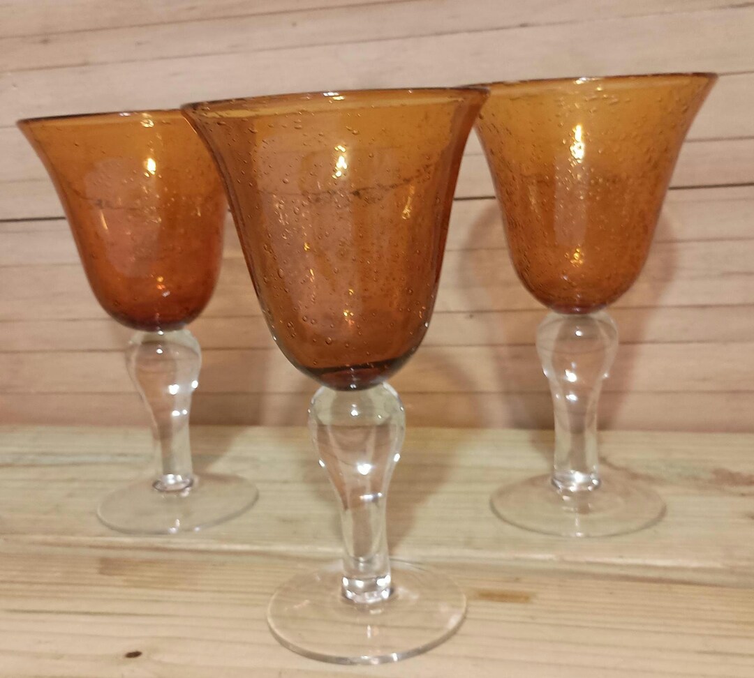 Art Glass Amber Goblets 3 Amber Goblet Glasses Hand Blown Peach Tea ...