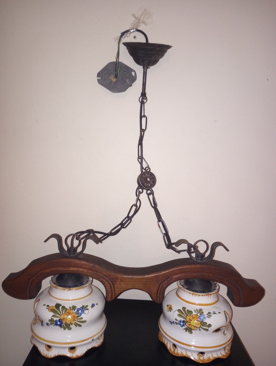 Vintage Wood Yoke Chandelier Porcelain Dual Lights Wrought Iron Rustic ...