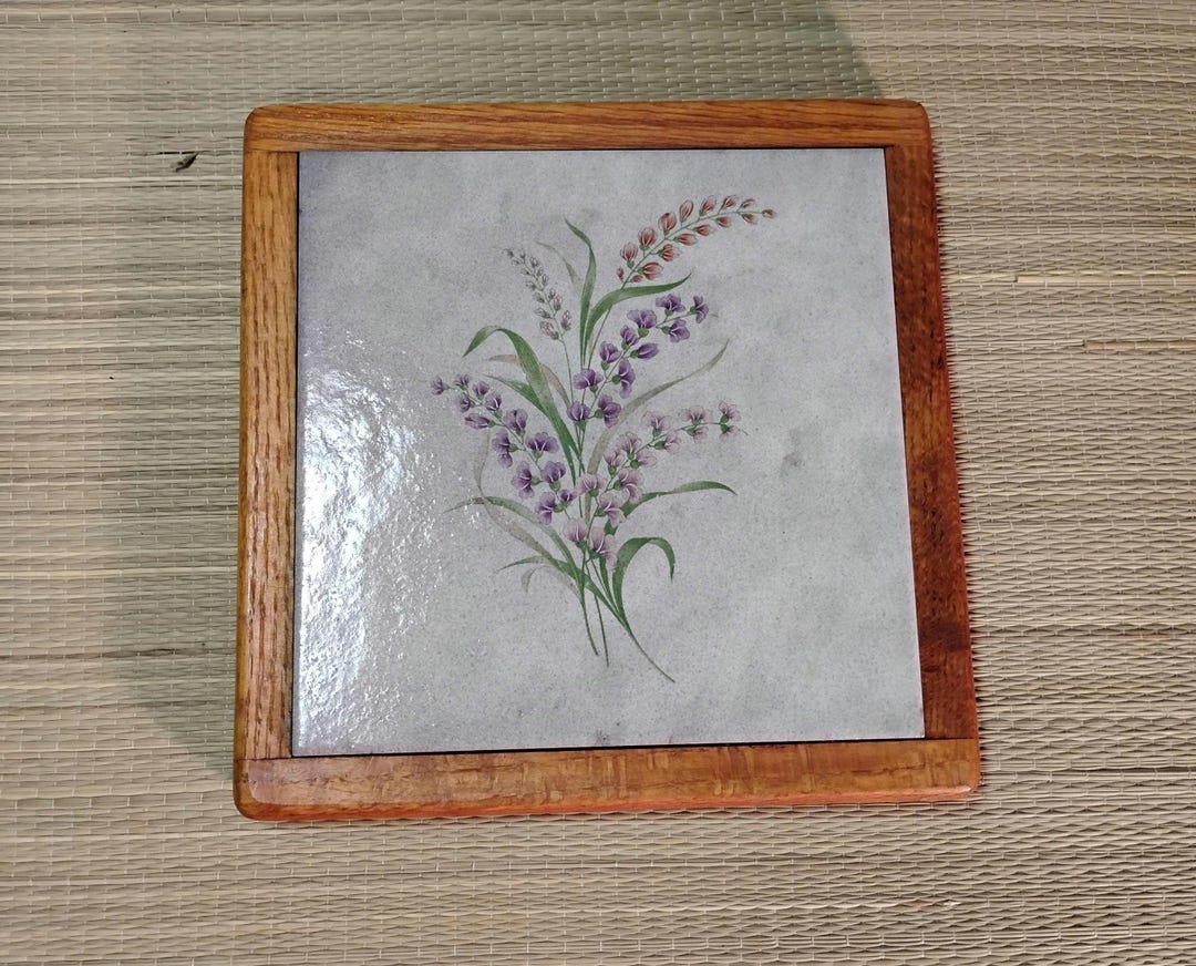 Stone Tile Cutting Board Oakwood Framed Floral Design 9.5x9.5 Inches - Etsy