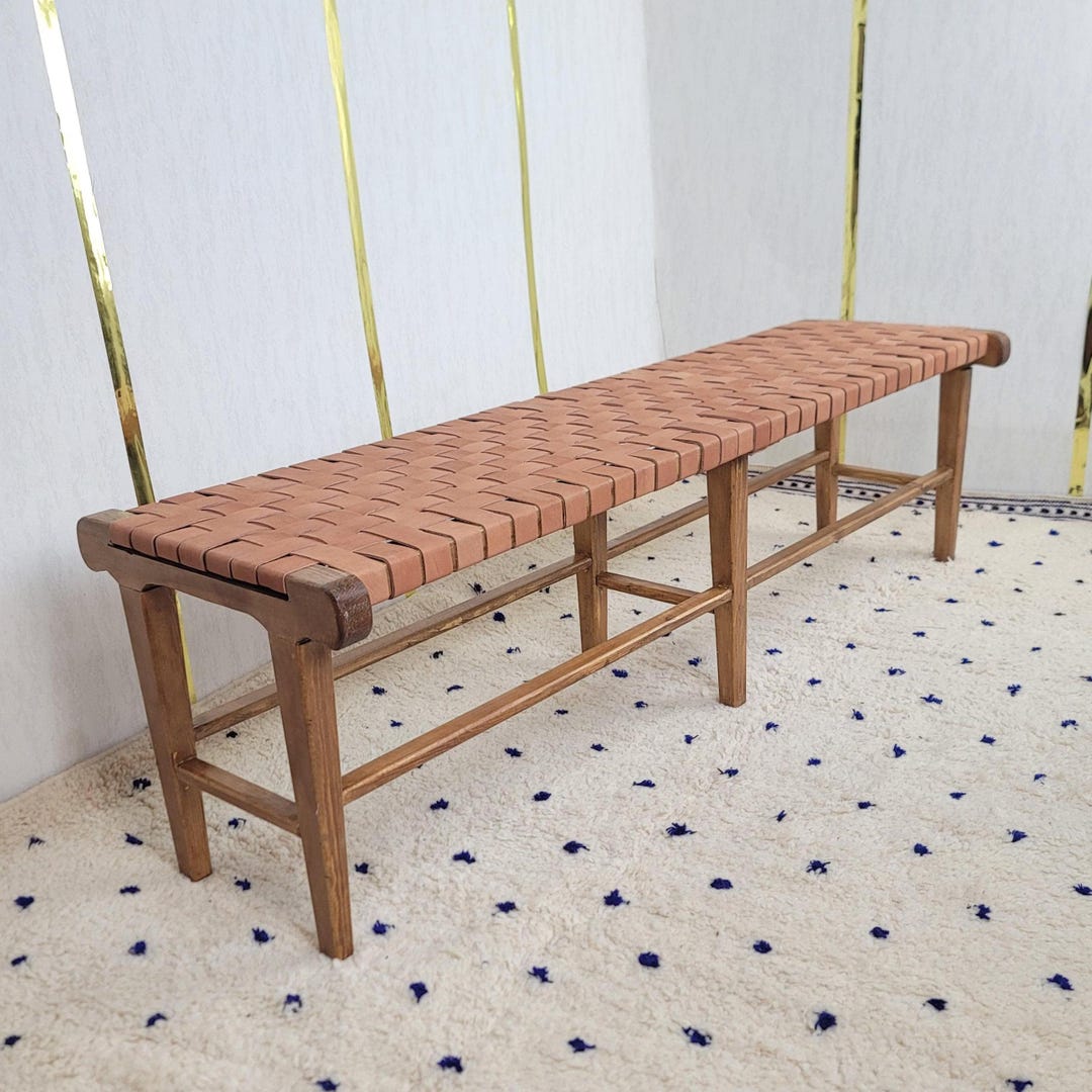 Moroccan Leather Strap Bench, Leather Woven Seat Bench, Woven Leather ...