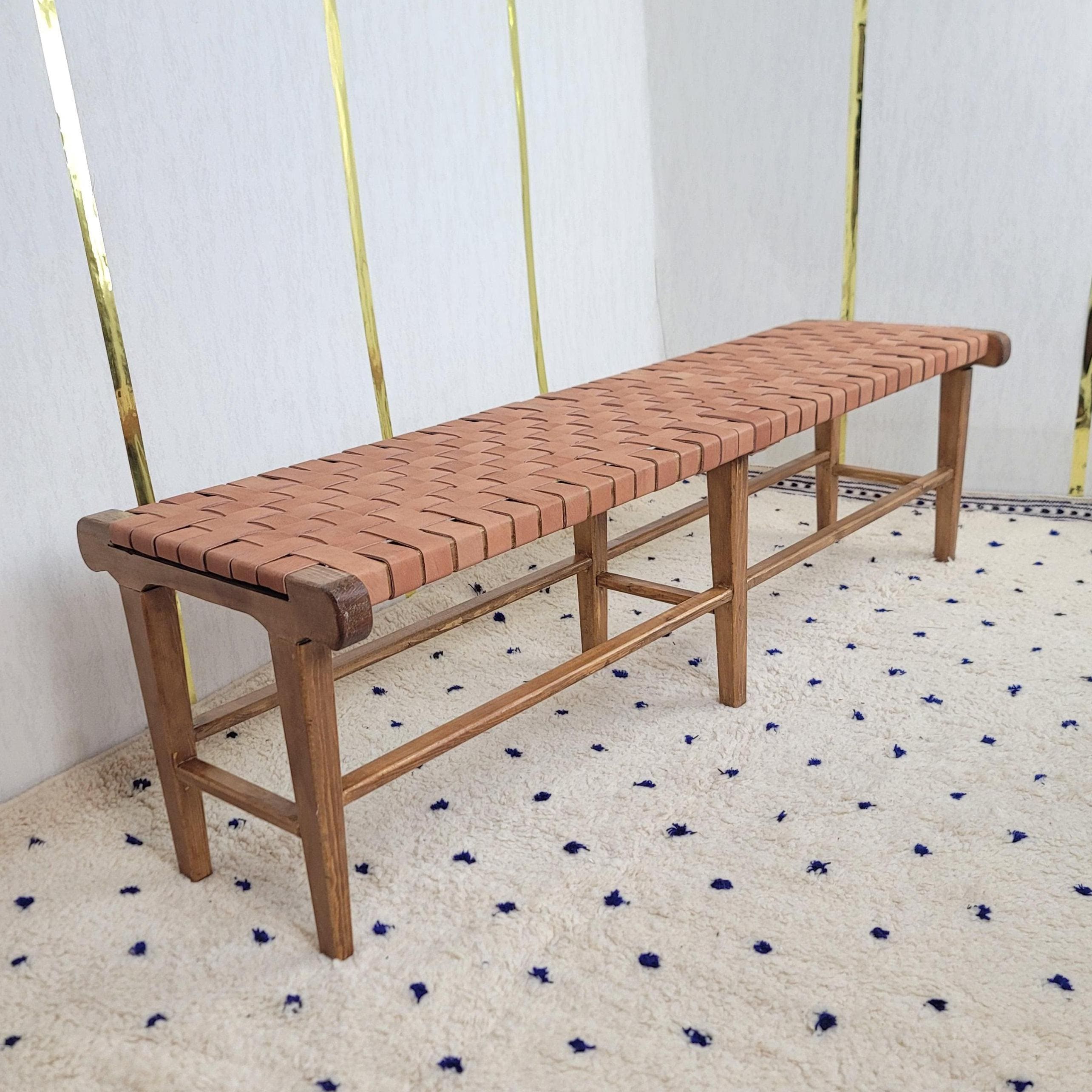 Moroccan Leather Strap Bench, Leather Woven Seat Bench, Woven Leather ...