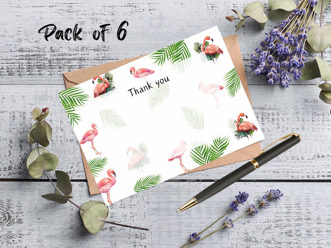 Flamingo Thank You Cards, Flamingo Theme Thank You Notes, Pack of 6 ...