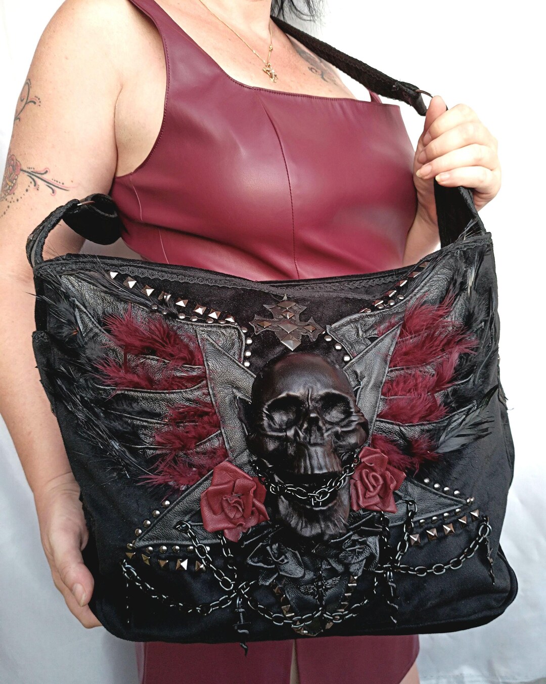 Dark Romance Black Gothic Skull Rose Velvet Leather Handbag,big Satanic ...