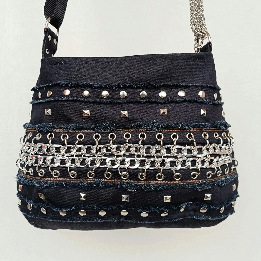 Vkei Cybergoth Metal Core Black Denim Chained Handbag,punk Rock Grunge ...