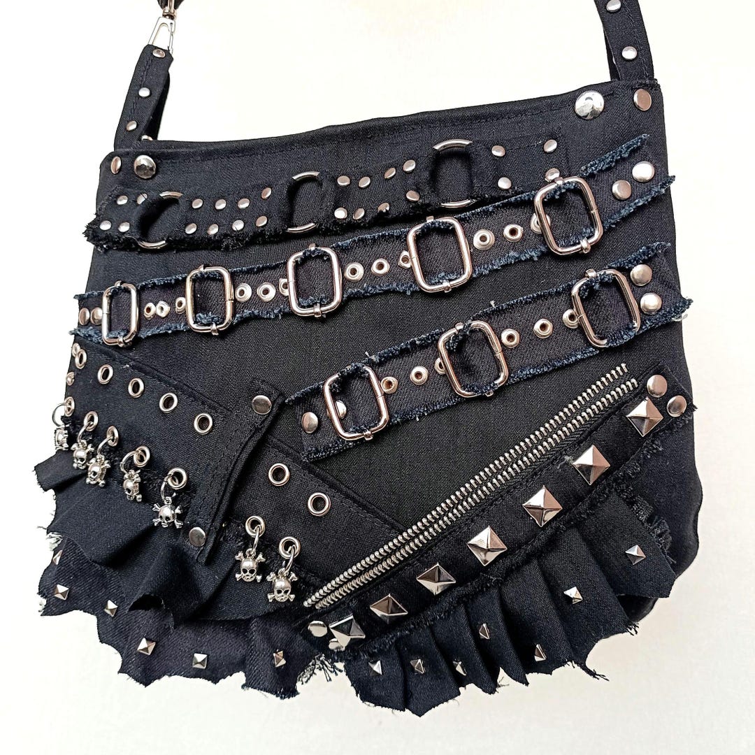 Punk Rock Goth Style Studded Black Denim Handbag,cyberpunk Crust Patch ...