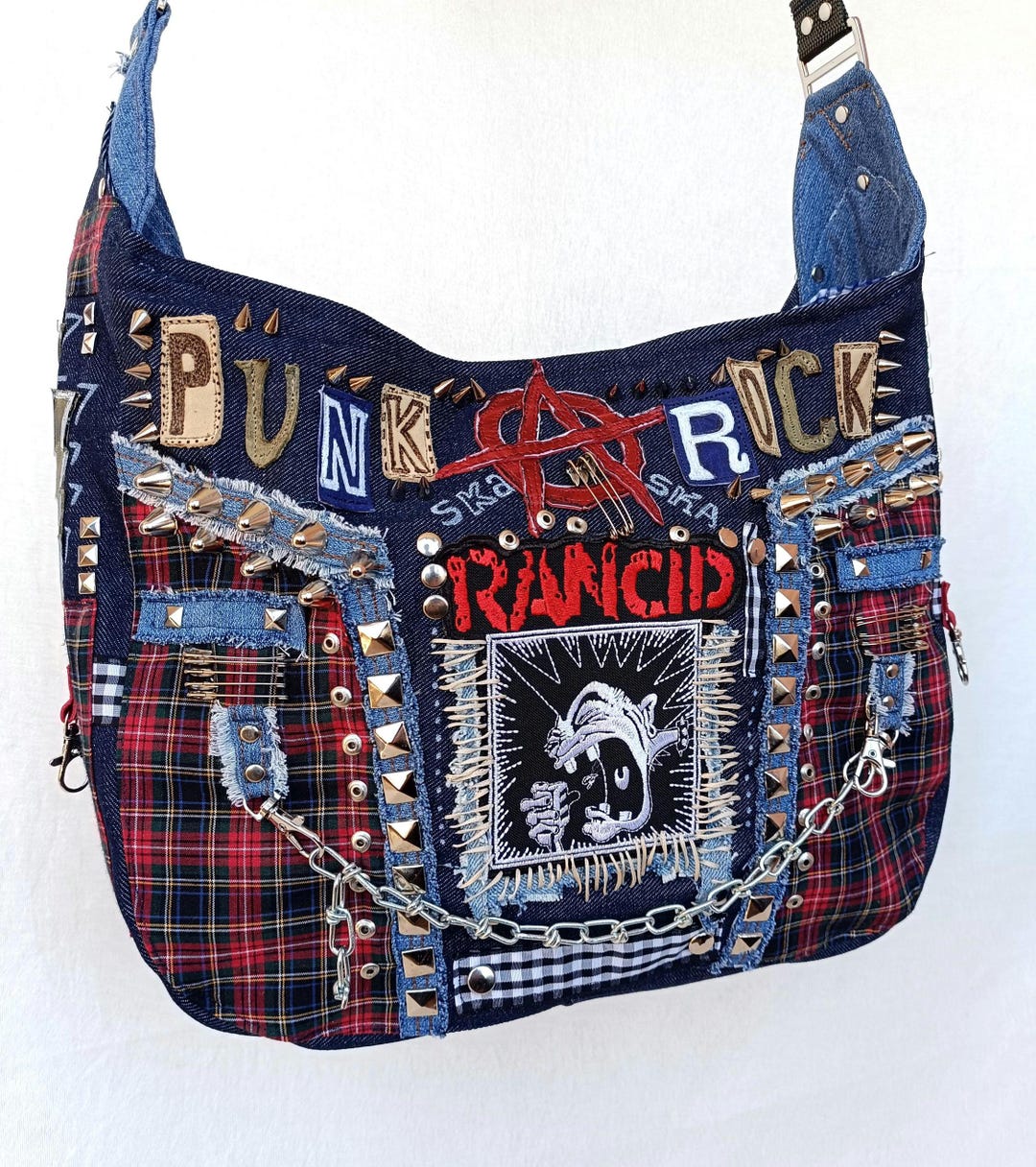 Punk Rock Style Rancid Band Studded Denim Bag,cyberpunk Crust Patch ...