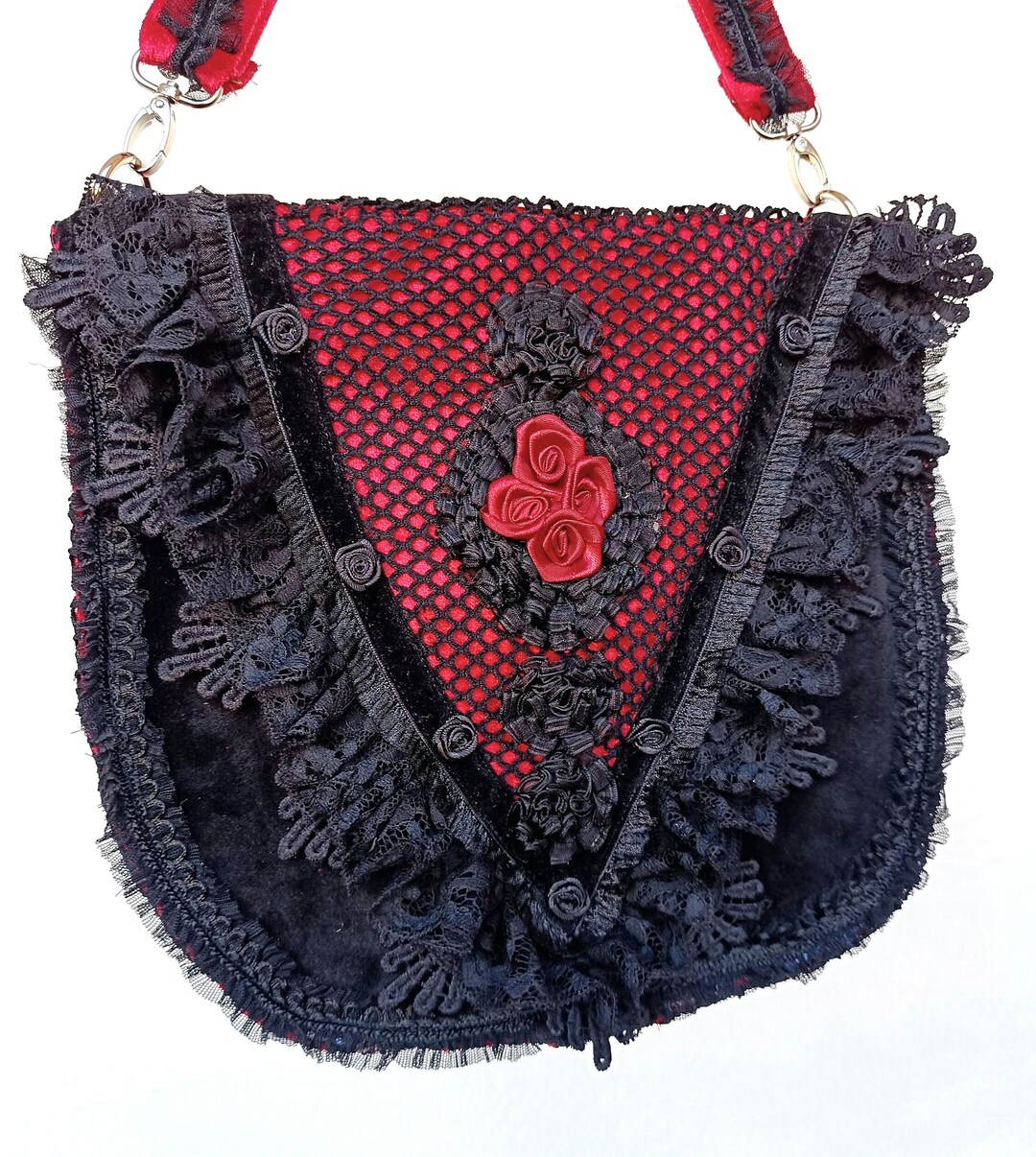 Dark Romance Gothic Black Red Velvet Fishnet Handbag,romantic Victorian ...