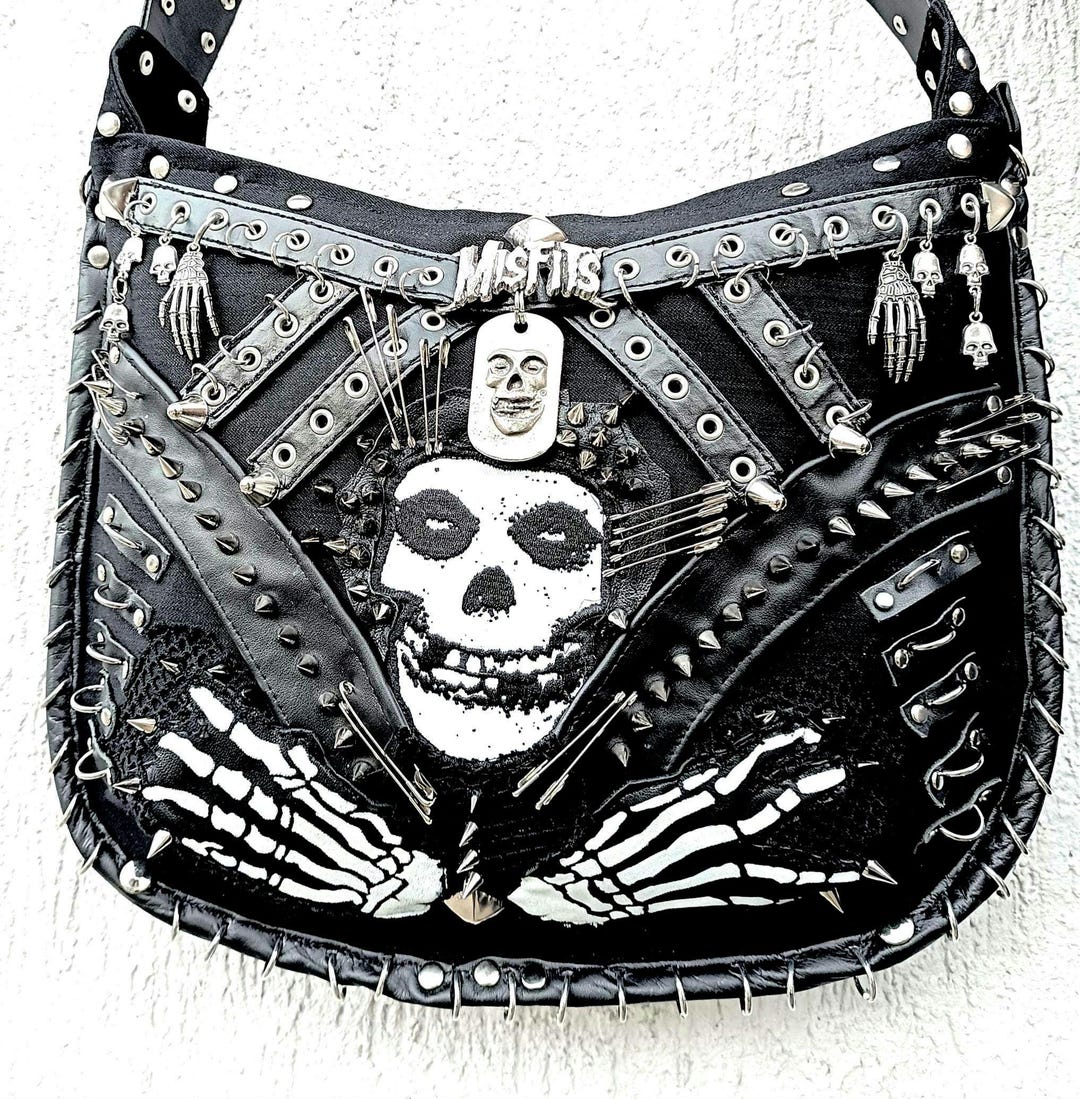 Misfits Crimson Ghost Danzig Cyber Horror Punk Band Fiend Spike Black Denim Leather Patch Bag ...