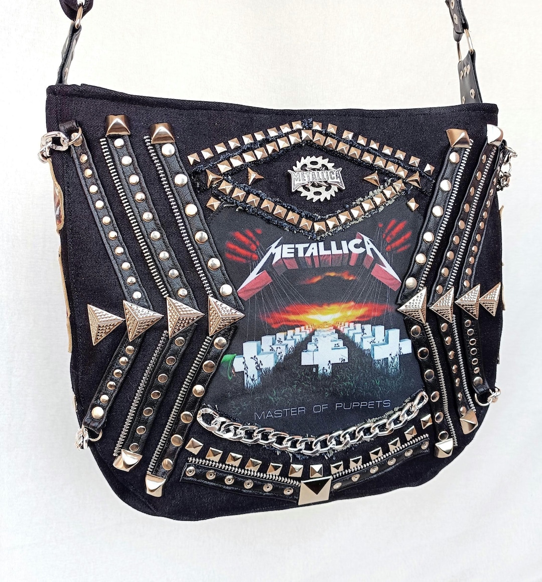 Metallica Dark Black Denim Leather Patch Studded Bag Visual Kei Battle ...