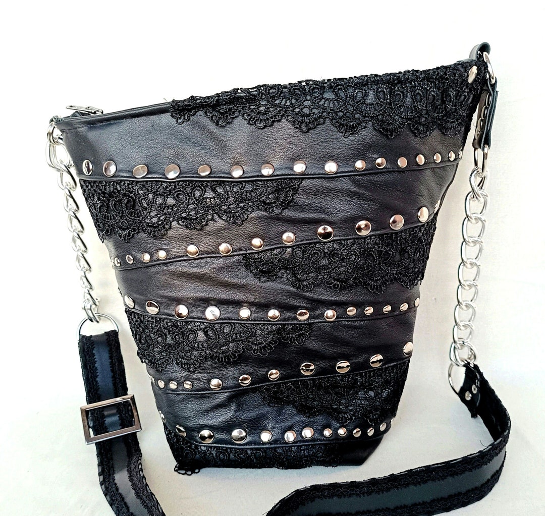Goth Romantic Visual Kei Black Leather Lace Studded Medium Patch Purse ...