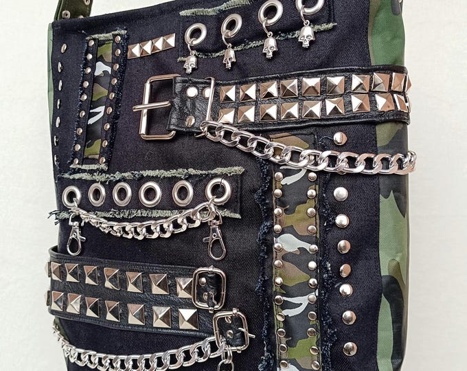 Punk Rock Visual Kei Black Military Green Studded Rivet Denim Leather ...