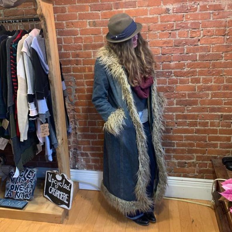 Women's Denim With Fur Trench Coat | Blue Denim Fur Penny Lane Long ...