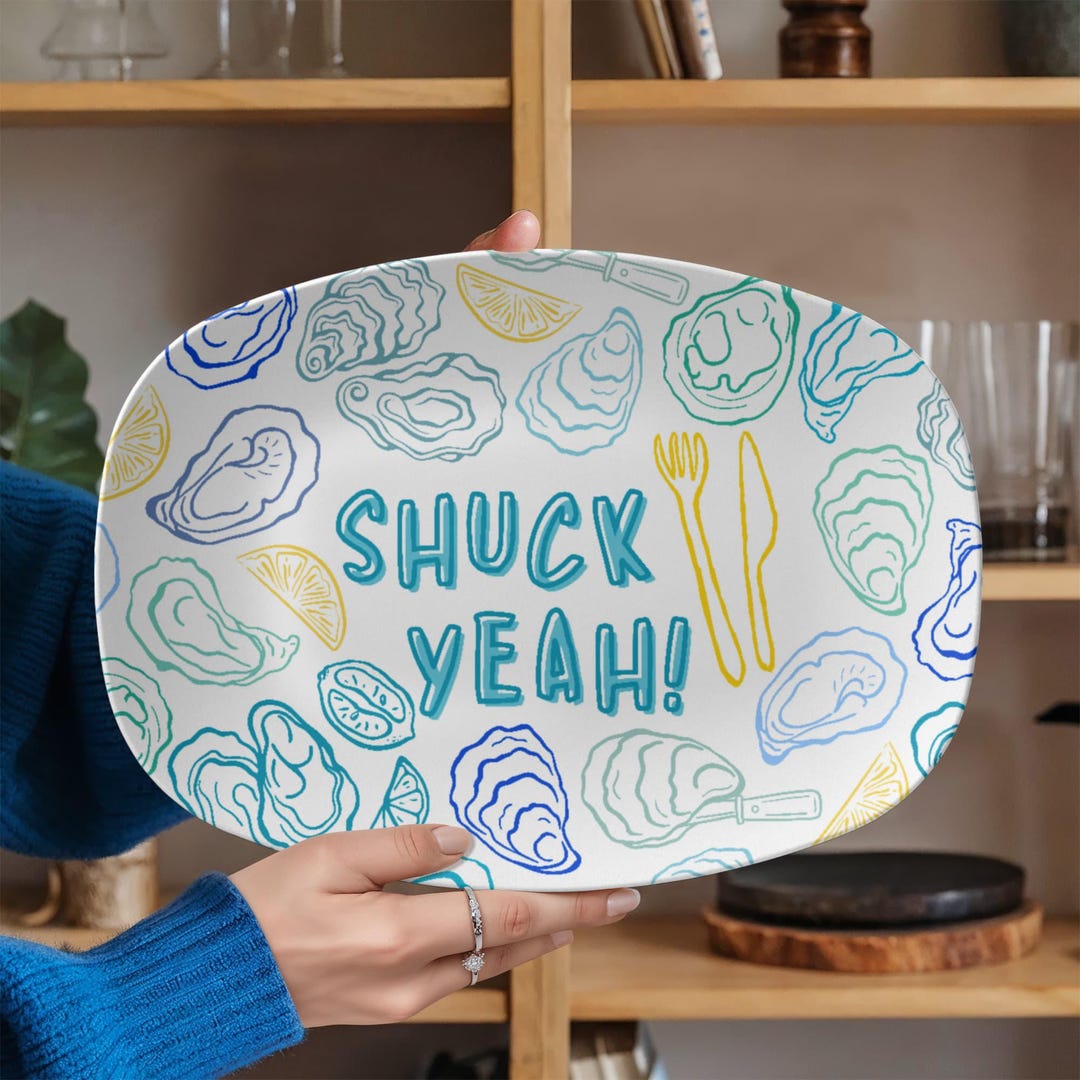 Shuck Yeah Oyster Platter – Funny Hand Drawn Coastal Tray – Blue Oyster ...