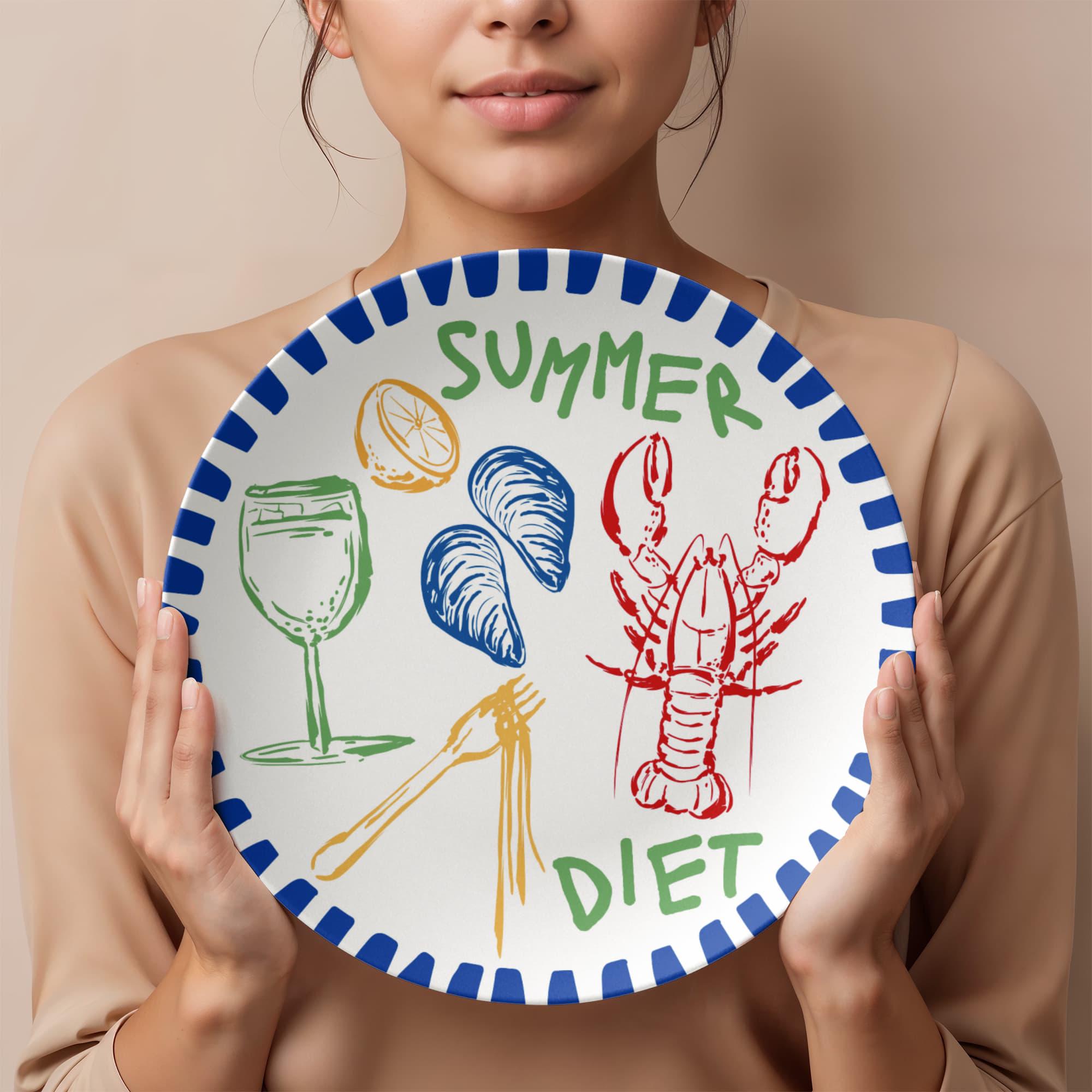 Summer Diet Plate – 10” Coastal Wall Plate With Wine, Lobster, Pasta ...