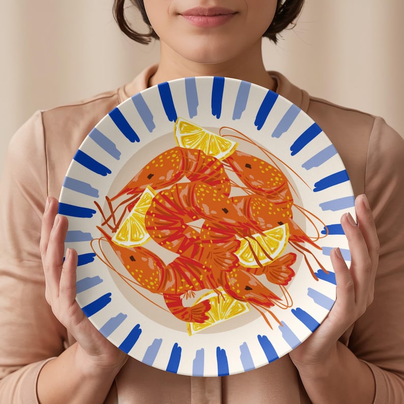 Coastal Shrimp Plate – 10” Nautical Seafood Dinner Plate, Beach House ...