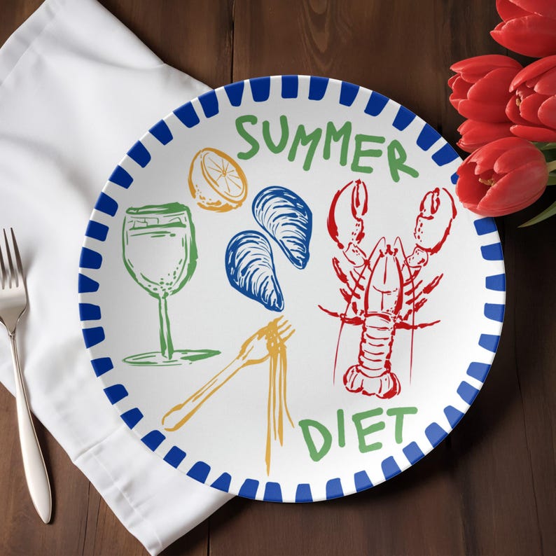 Summer Diet Plate – 10” Coastal Wall Plate With Wine, Lobster, Pasta ...