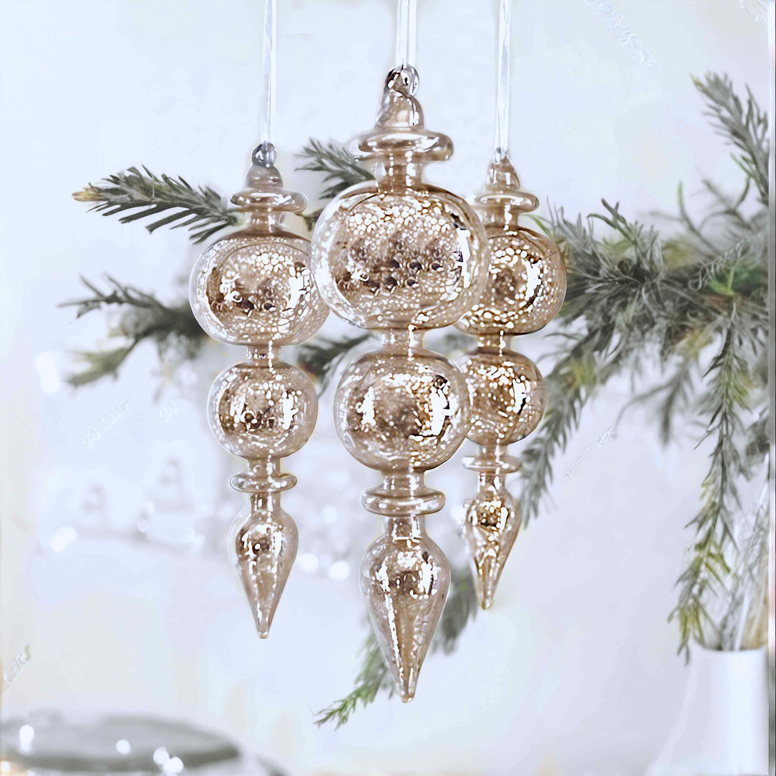Set of 3 Mercury Glass Finials, Hand Blown Glass Christmas Ornaments - Etsy