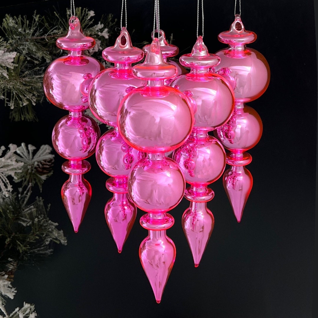 Set of 6 Extreme Pink Finials, Hand Blown Glass Christmas Ornaments - Etsy