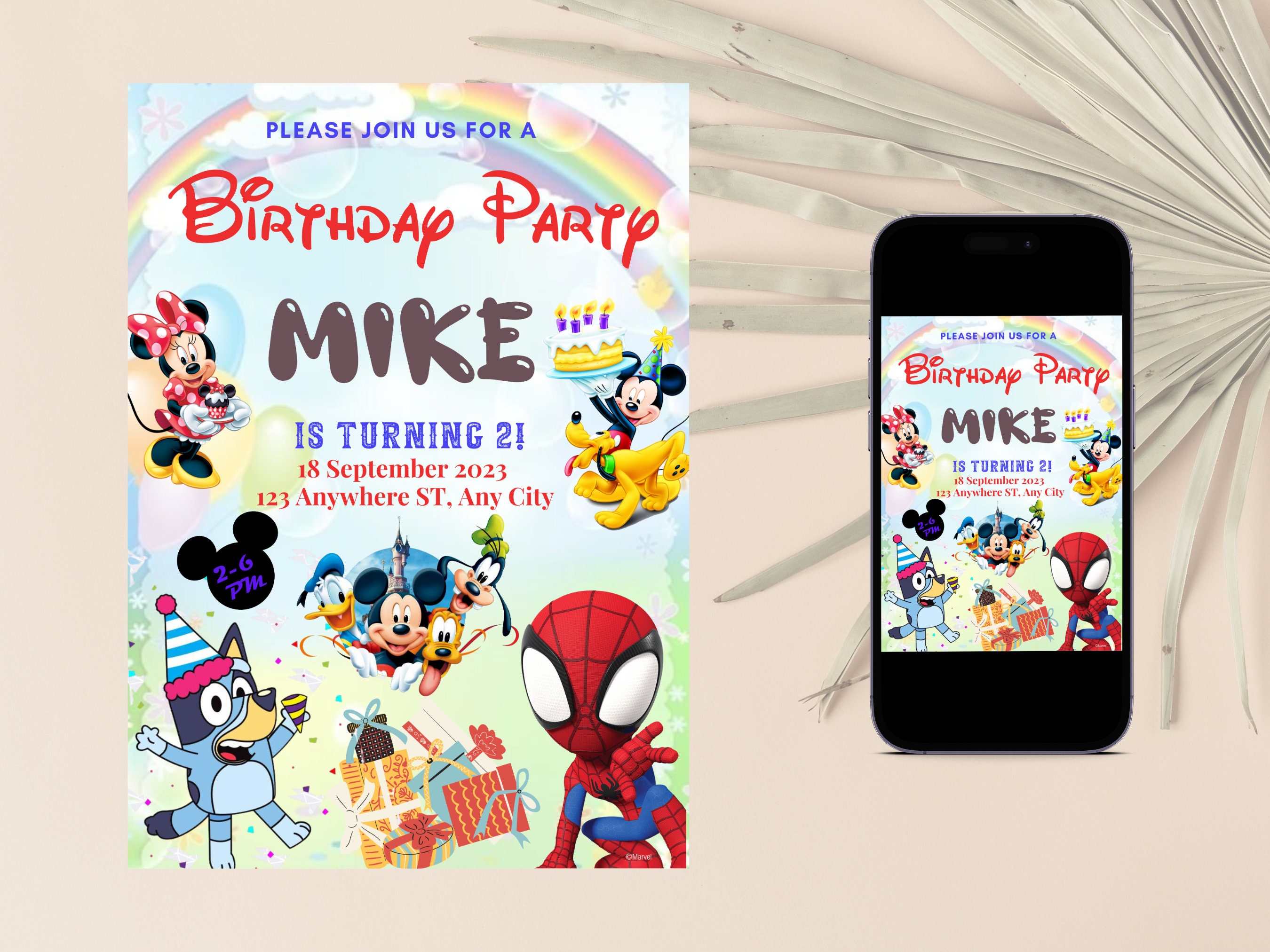 Mickey Minnie Spidey and Blue Birthday Invitation Card Clubhouse Self ...