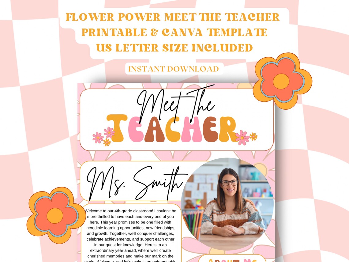 Editable Meet the Teacher | Canva Template | Teacher Printable | Flower ...