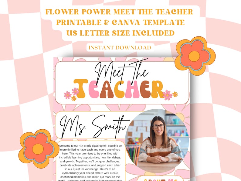 Editable Meet the Teacher | Canva Template | Teacher Printable | Flower ...