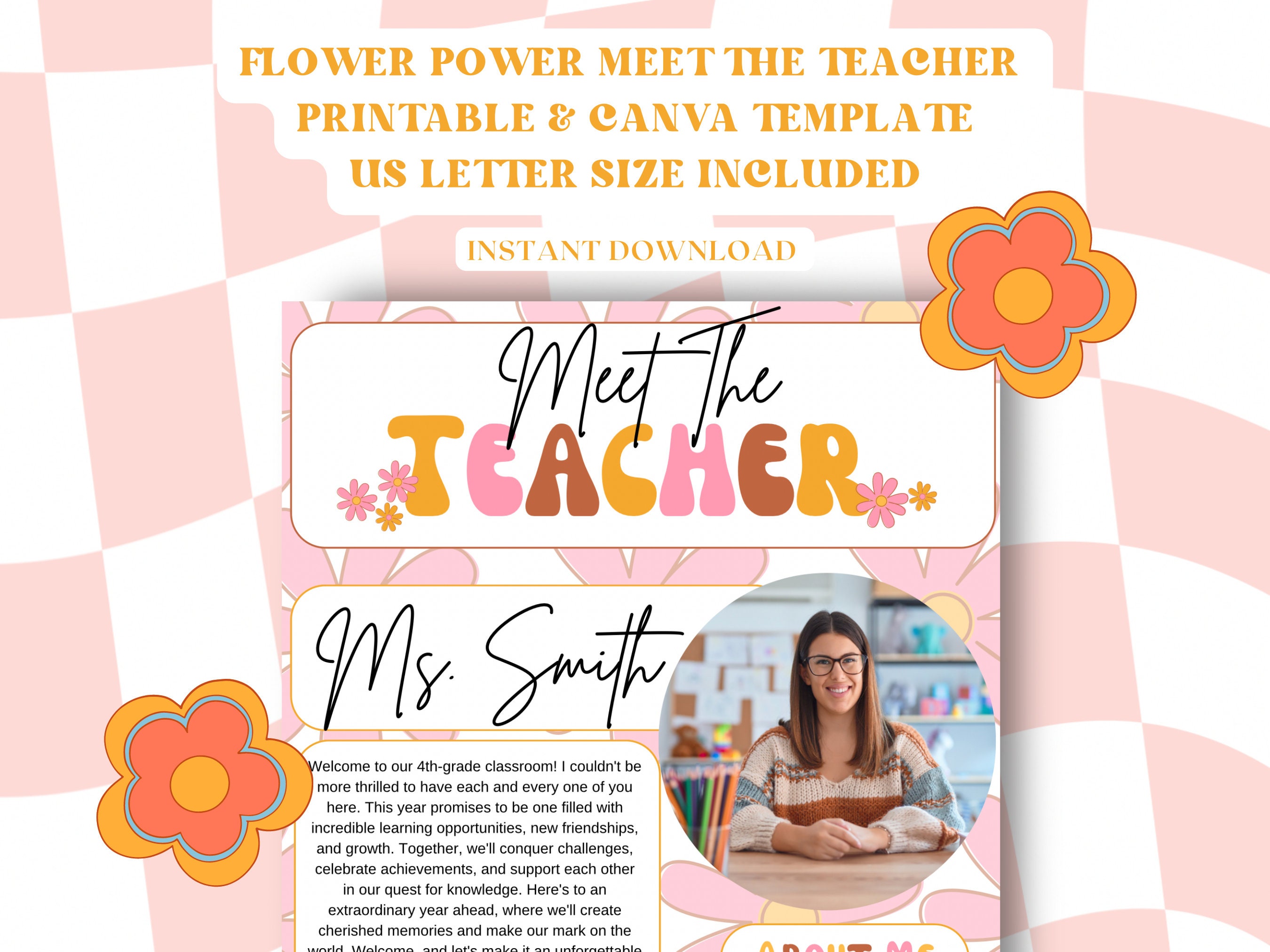 Editable Meet the Teacher | Canva Template | Teacher Printable | Flower ...