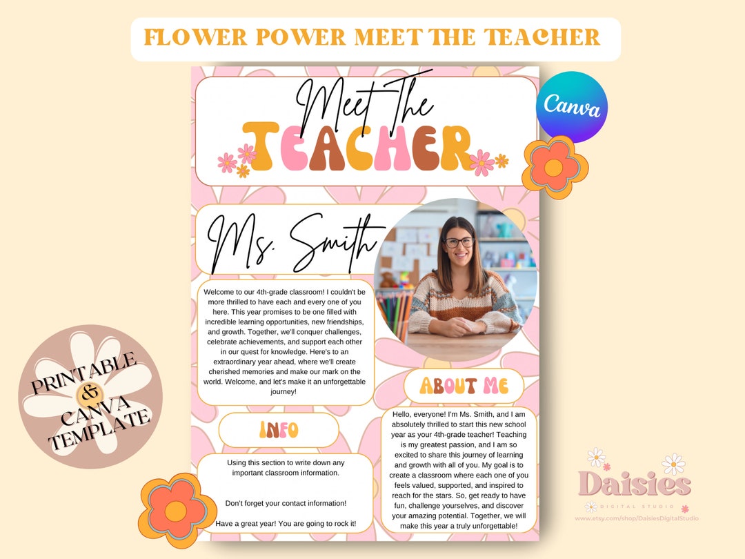 Editable Meet the Teacher | Canva Template | Teacher Printable | Flower ...