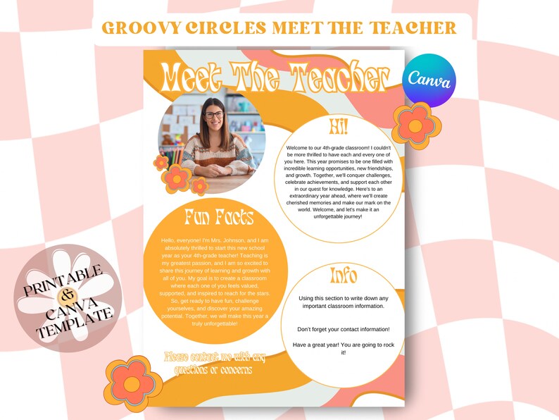 Editable Meet the Teacher | Canva Template | Teacher Printable | Groovy ...