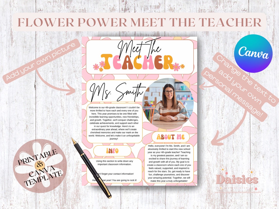 Editable Meet the Teacher | Canva Template | Teacher Printable | Flower ...