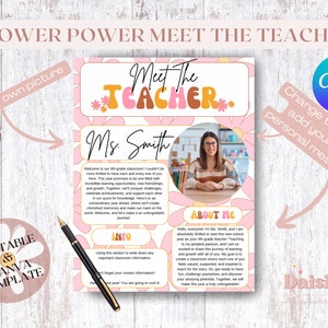 Editable Meet the Teacher | Canva Template | Teacher Printable | Flower ...