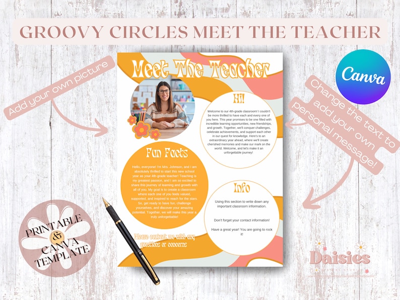 Editable Meet the Teacher | Canva Template | Teacher Printable | Groovy ...